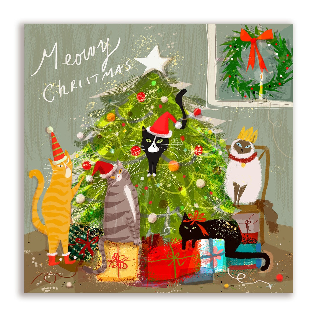 Meowy Christmas Cat Card - Square - Etsy