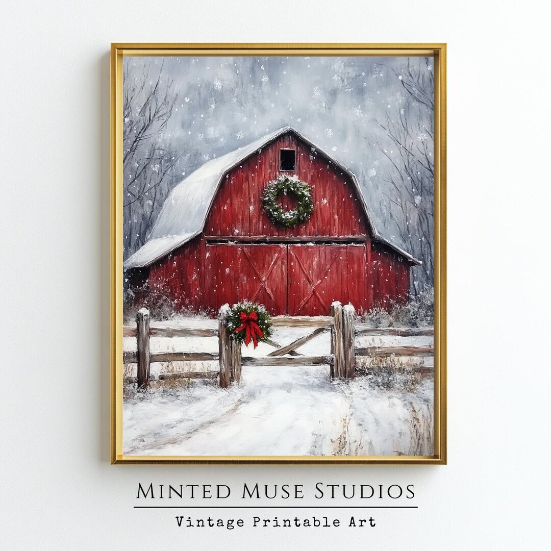 Cottagecore Christmas Red Barn Oil Painting, Wall Decor, Artwork for ...