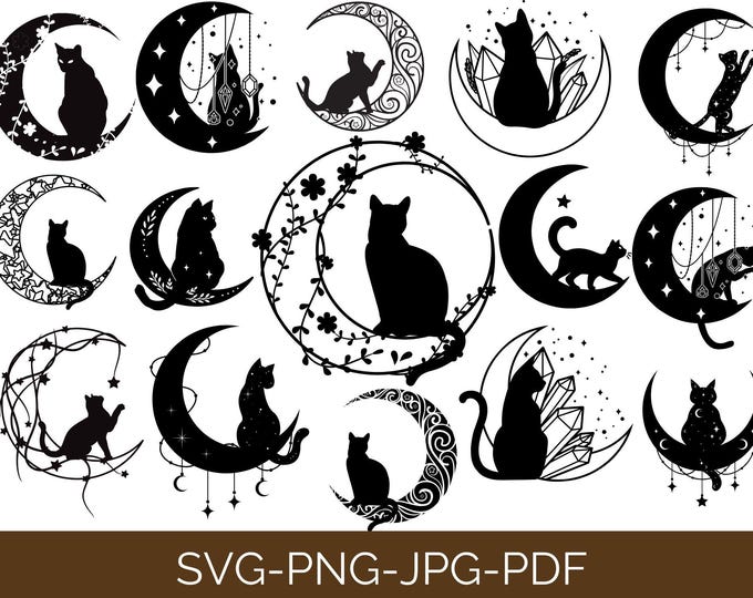 Mystical Cat and Moon SVG Designs Bundle | Witchy Cat Clipart | Moon ...