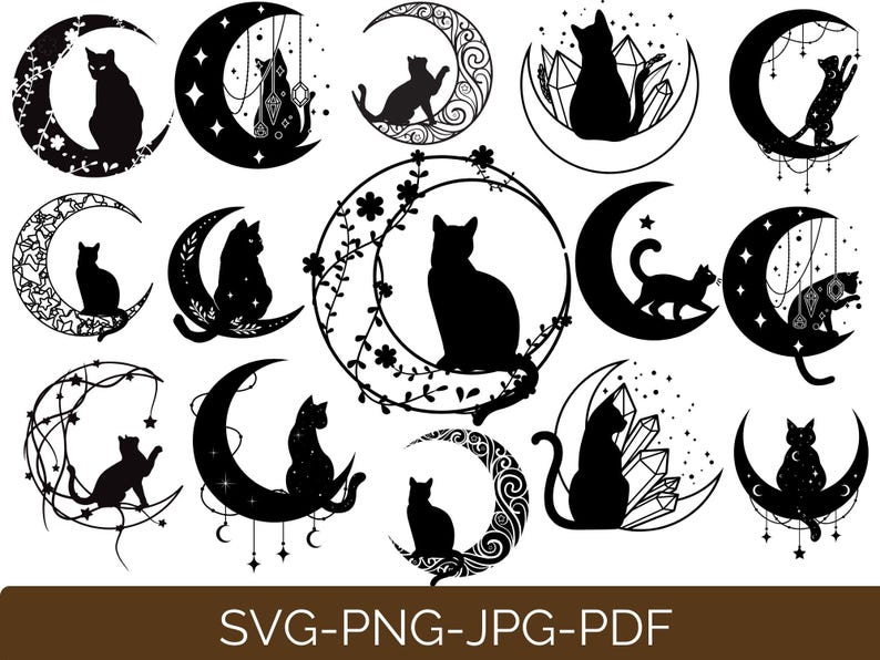 Mystical Cat and Moon SVG Designs Bundle | Witchy Cat Clipart | Moon ...