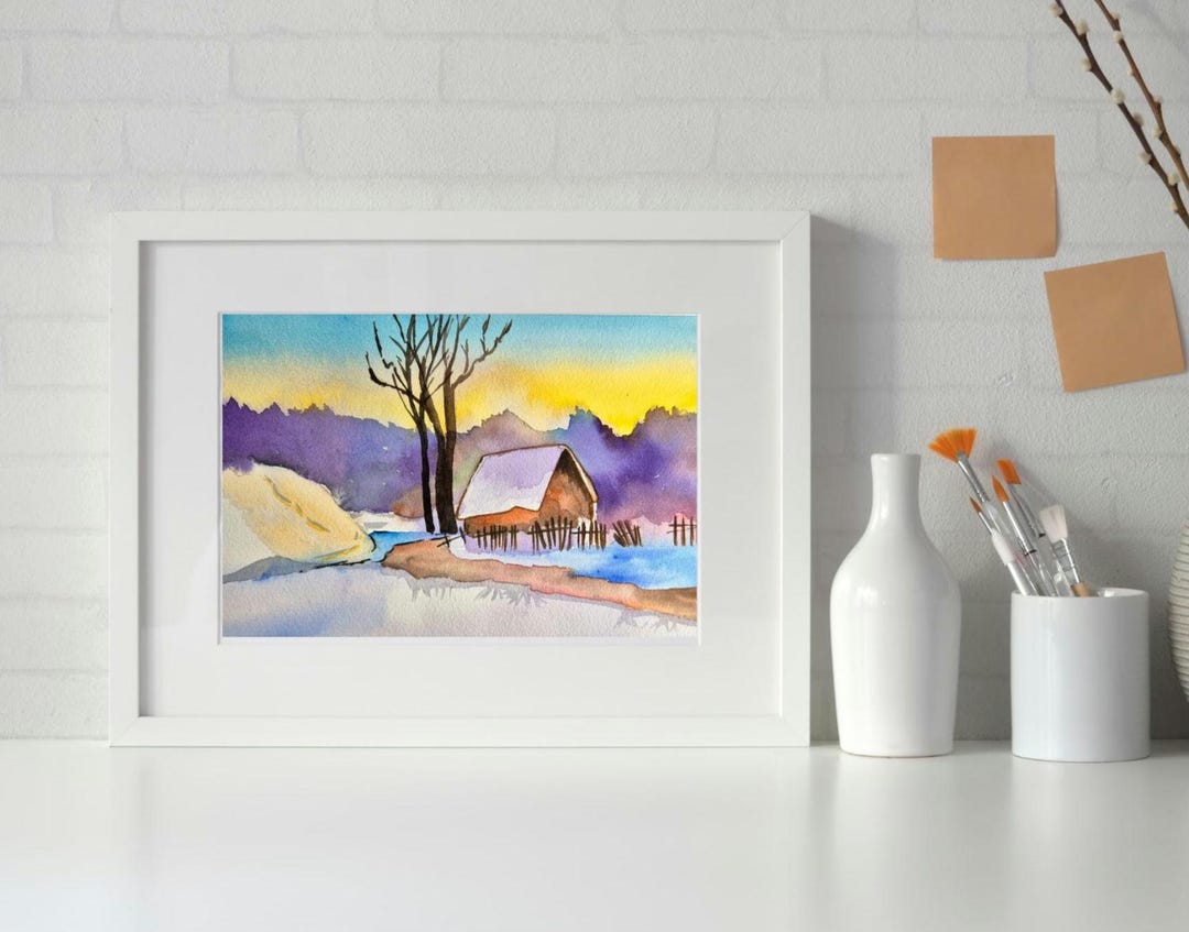Original Watercolor | Beautiful and Calm Scene | Snow Cabin | Winter ...