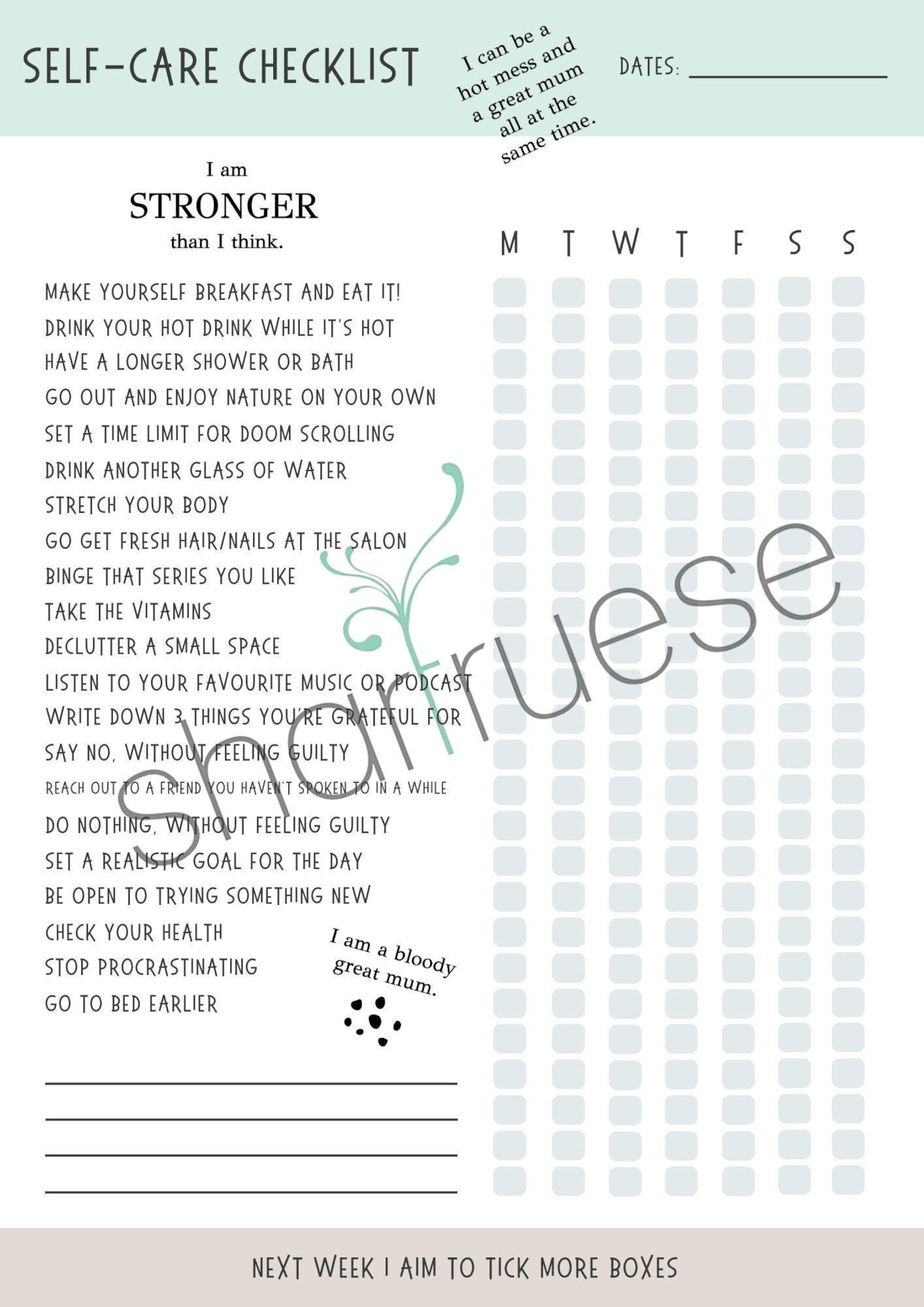 Weekly Self-care Checklist // Printable Template // Digital Product ...