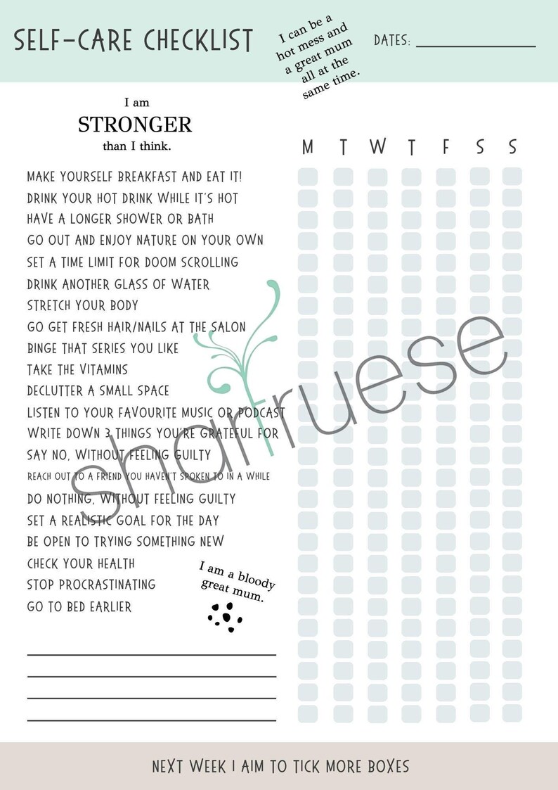 Weekly Self-care Checklist // Printable Template // Digital Product ...