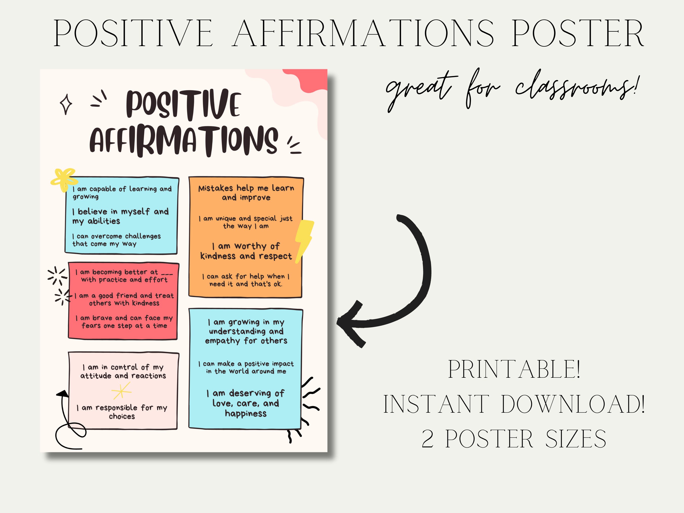 Classroom Poster Positive Affirmations for Students Bright - Etsy
