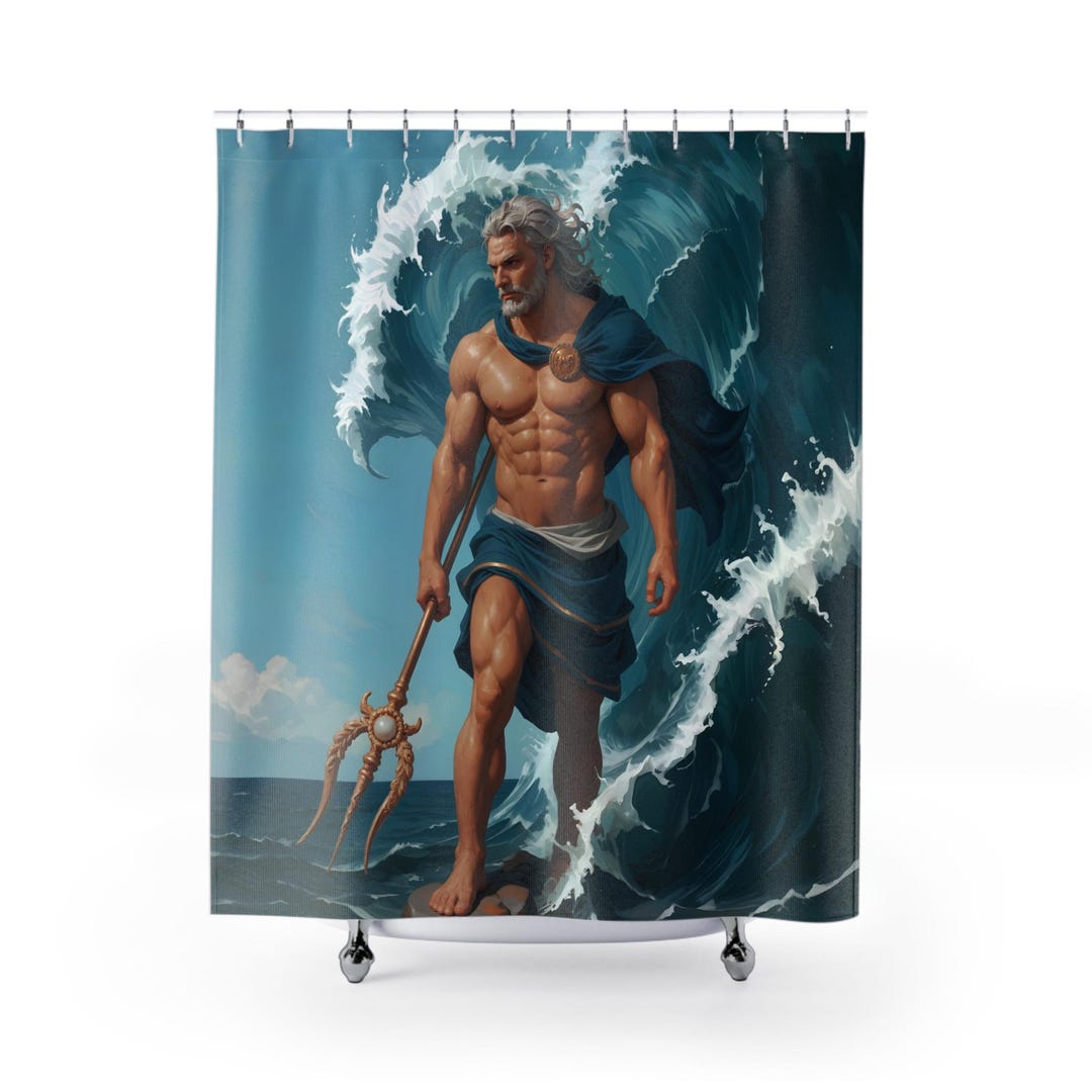 Poseidon With Trident and Wave Shower Curtain, Greek God Bathroom Decor ...