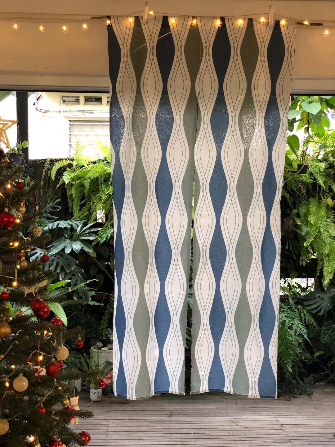 Dark Blue and Green Ripples Wavy Stripes Japanese Noren Sheer Curtain Abstract Lines Geometric ...