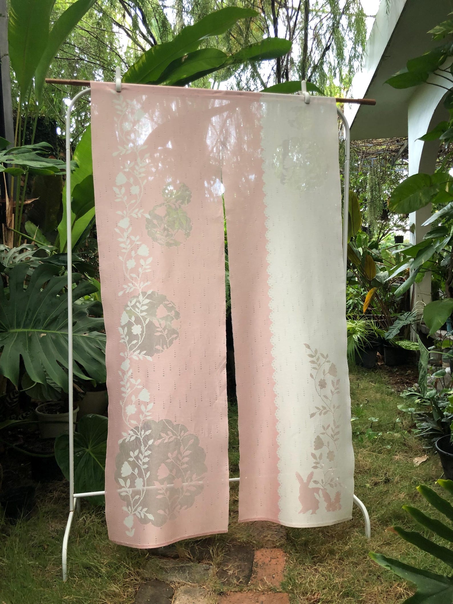 Traditional Japanese Noren – Soft Pink With Rabbits and Floral Pattern ...