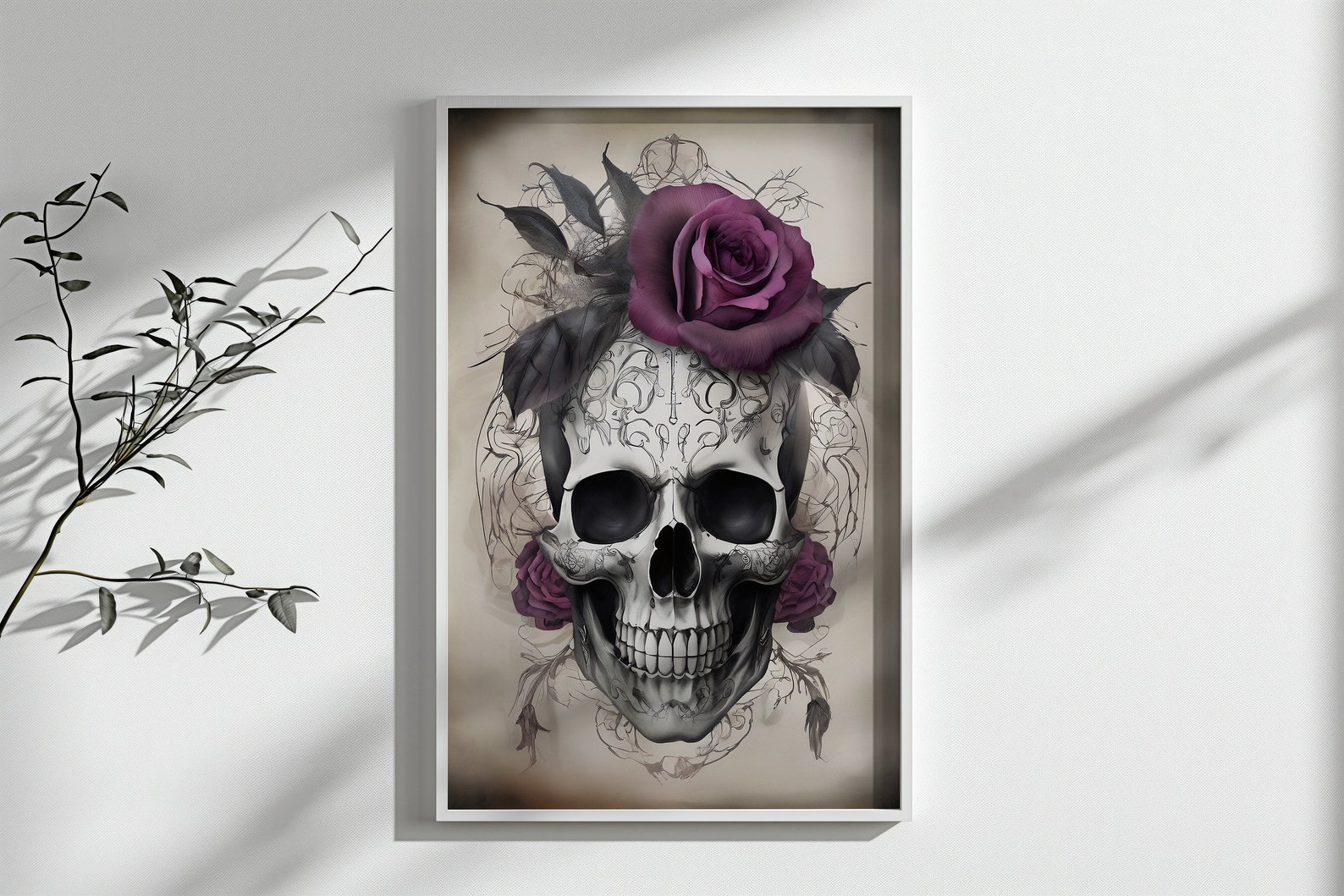 Gothic Skull Floral Art Print Elegant Dark Skull Wall Decor Gothic Rose ...