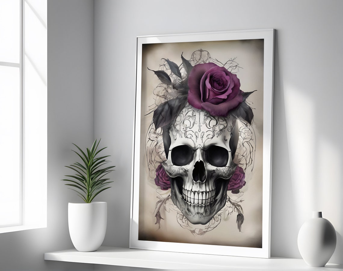 Gothic Skull Floral Art Print Elegant Dark Skull Wall Decor Gothic Rose ...