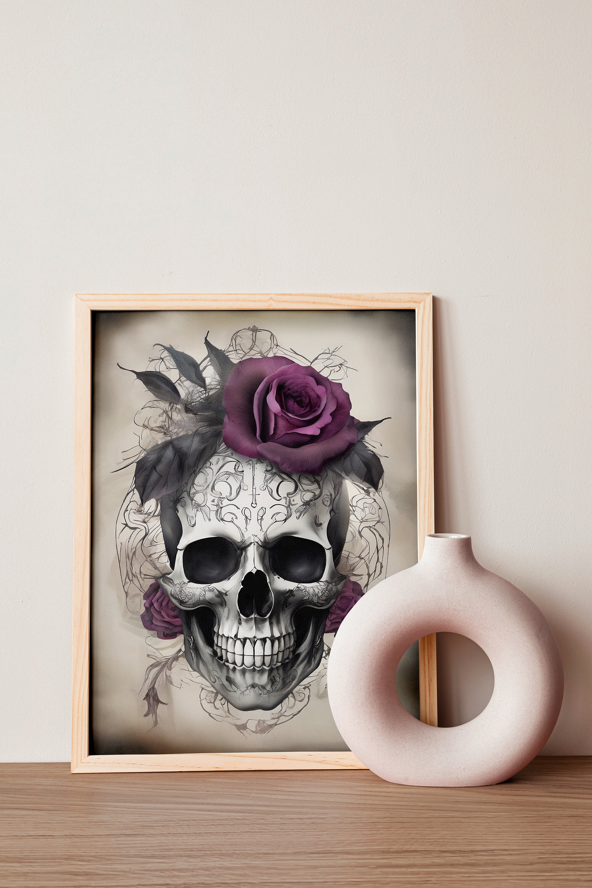 Gothic Skull Floral Art Print Elegant Dark Skull Wall Decor Gothic Rose ...
