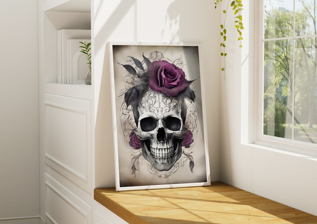 Gothic Skull Floral Art Print Elegant Dark Skull Wall Decor Gothic Rose ...