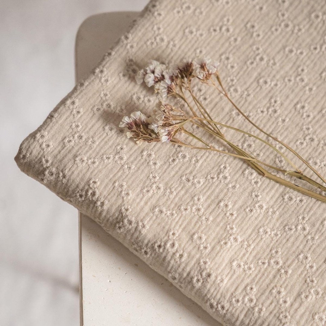 Embroidered Muslin Fabric, Beautiful Beige Color Double Gauze Fabric ...