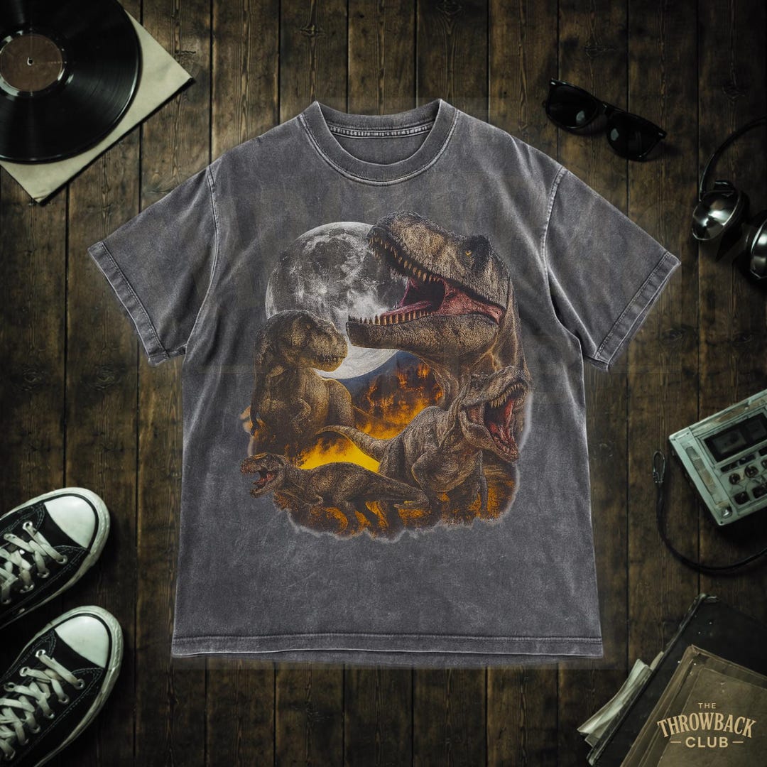 Vintage T Rex Dinosaur Shirt, Moon & Fire Graphic Tee, Unisex Acid Wash ...