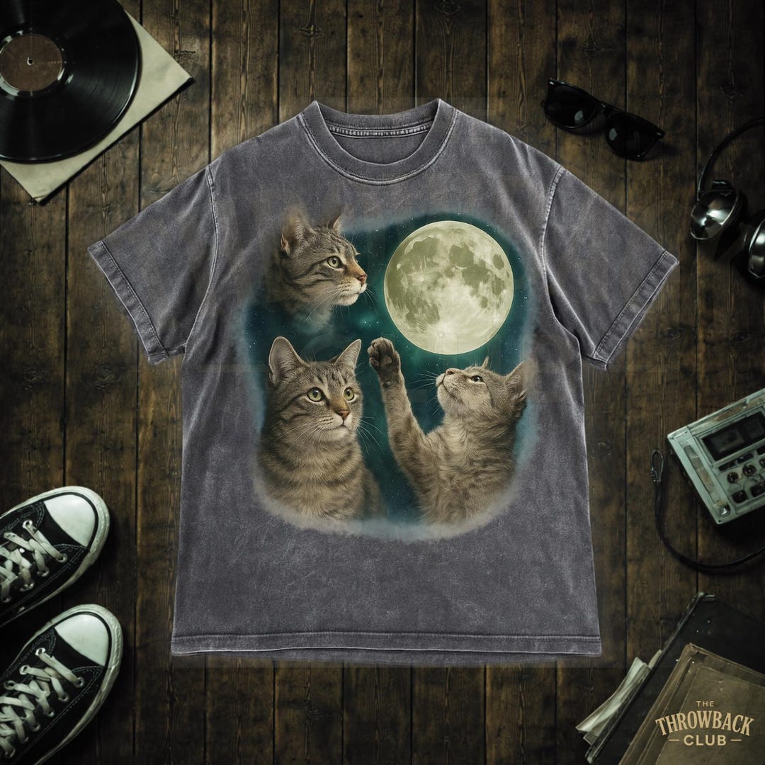 Vintage Cat Moon Shirt, Cute Kitten Lunar Graphic Tee, Unisex Acid Wash ...