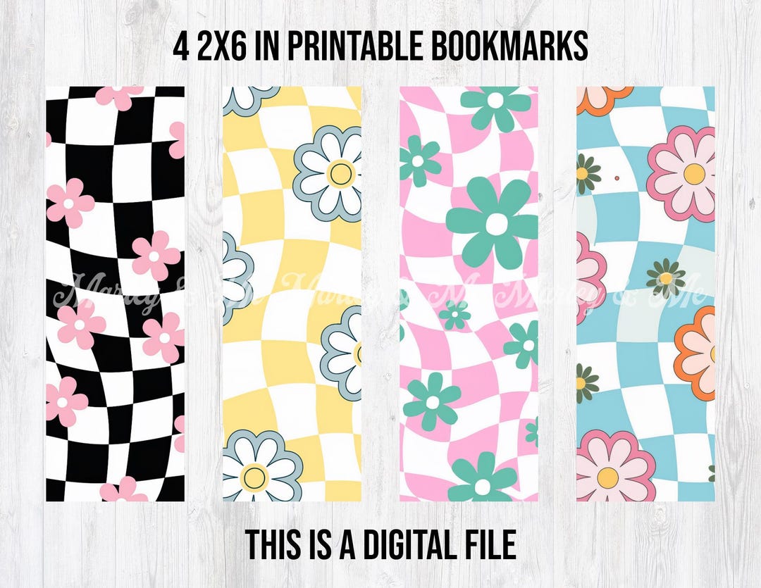 Groovy Floral Printable Bookmarks Retro Bookmark Set of Four Checkered ...