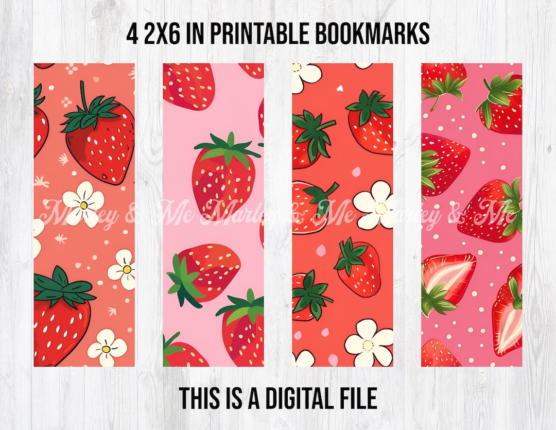 Strawberry Printable Bookmark Set of Four Gift for Book Lover Bookclub ...