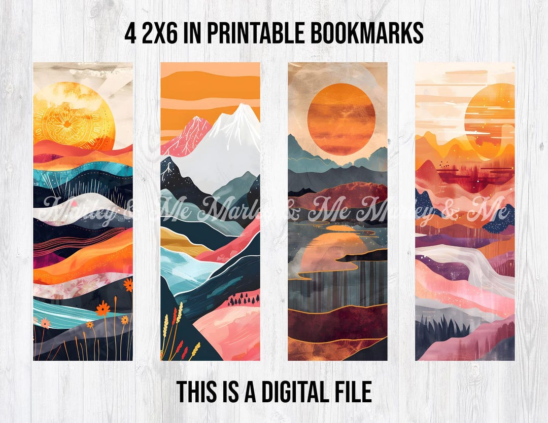 Watercolor Mountain Bookmarks Printable Artsy Bookmark Set of Four Gift ...
