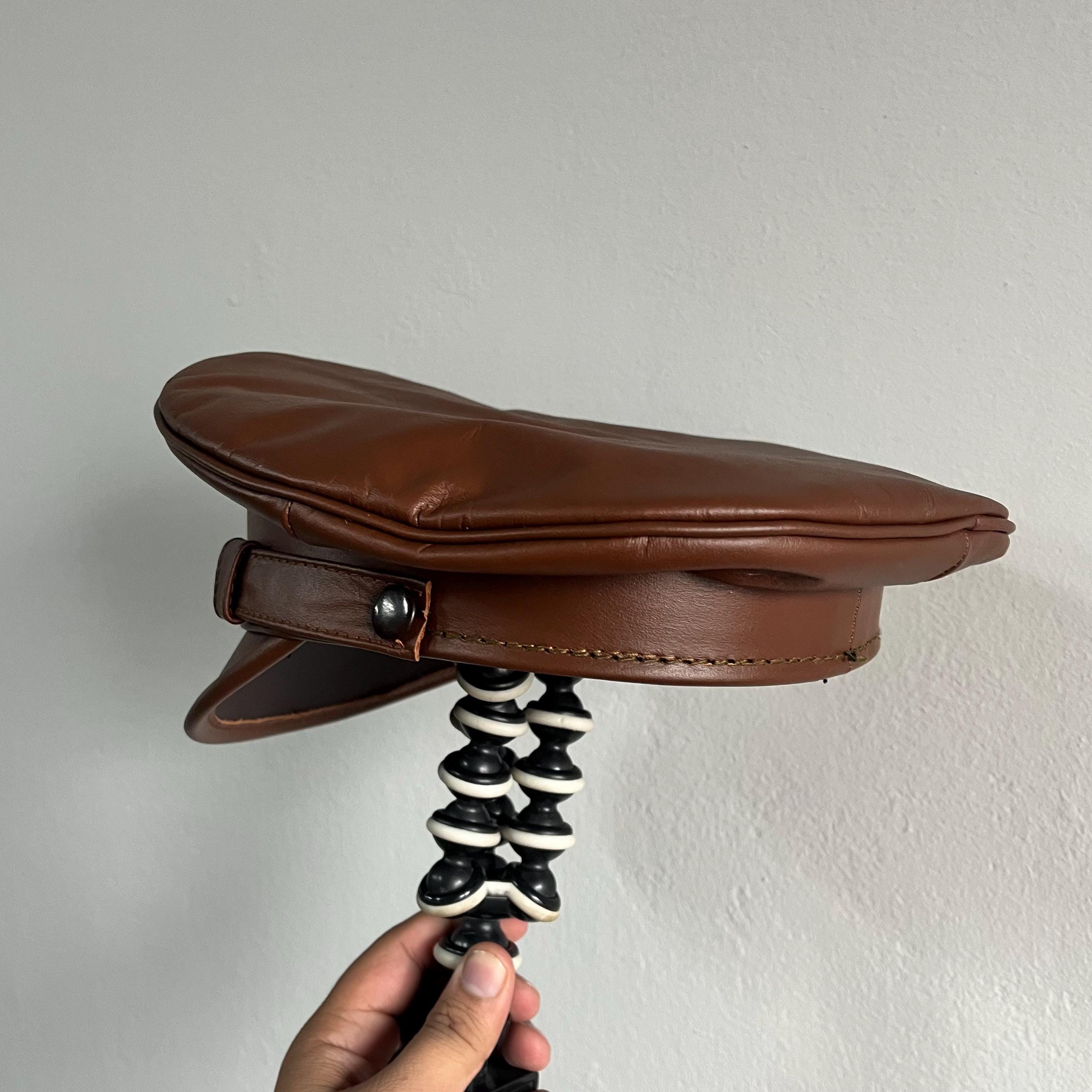 Handcrafted Genuine Leather Biker Cap - Brown Army Muir Peaked Police ...