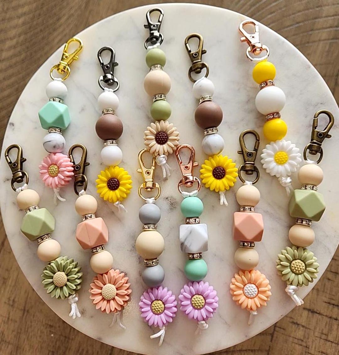 Flower Silicone Bead Keychain, Silicone Keychain, Beaded Keychain, Cute ...