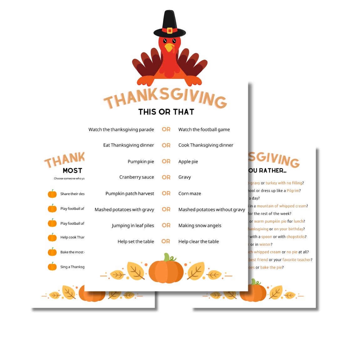 Thanksgiving Printable Games for Kids would You Rather, this or That ...