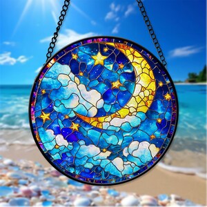 Moon and Star Stained Glass Suncatcher, Celestial Night Sky Ornament ...