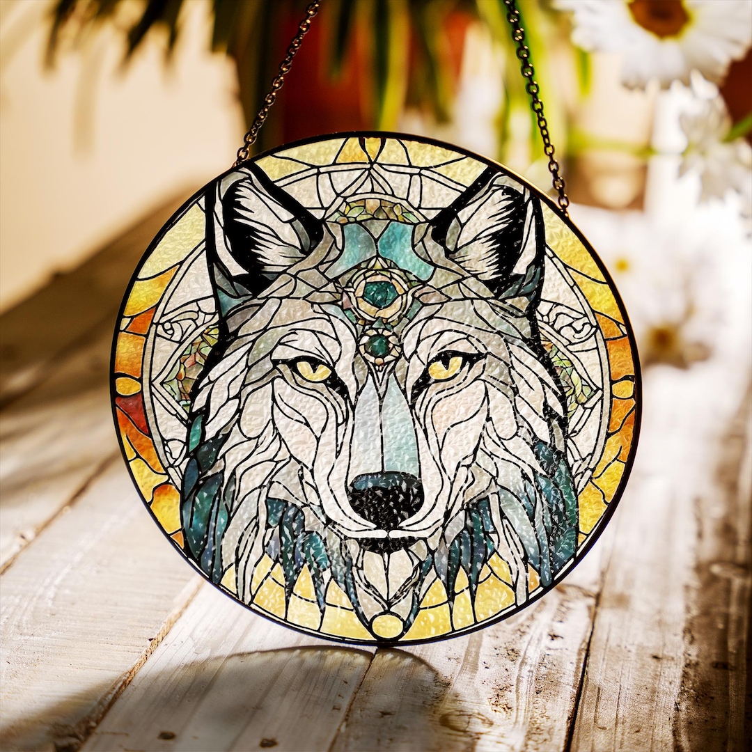 Wolf Glass Suncatcher, Wolf Stained Glass Panel, Animal Suncatcher ...