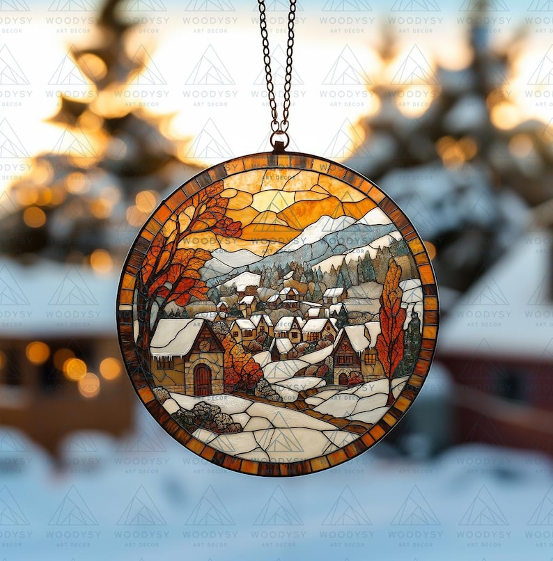 Winter Village Scene Stained Glass Suncatcher for Christmas Decor ...