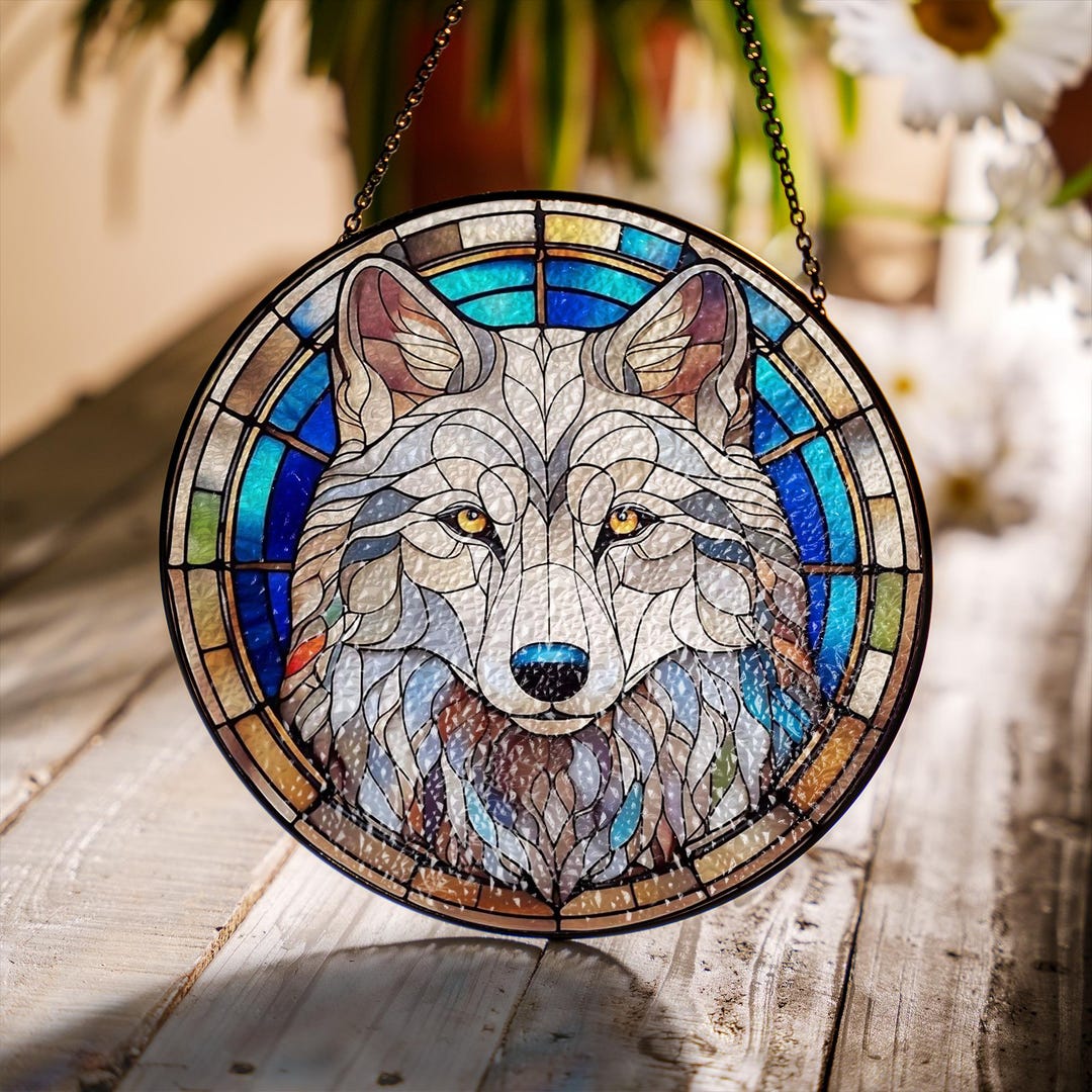 Wolf Stained Glass Panel, Wolf Glass Suncatcher, Colorful Wolf Window ...
