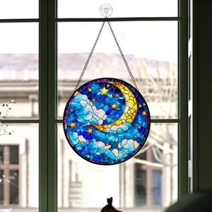 Moon and Star Stained Glass Suncatcher, Celestial Night Sky Ornament ...