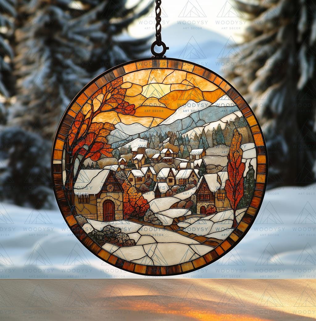 Winter Village Scene Stained Glass Suncatcher for Christmas Decor ...