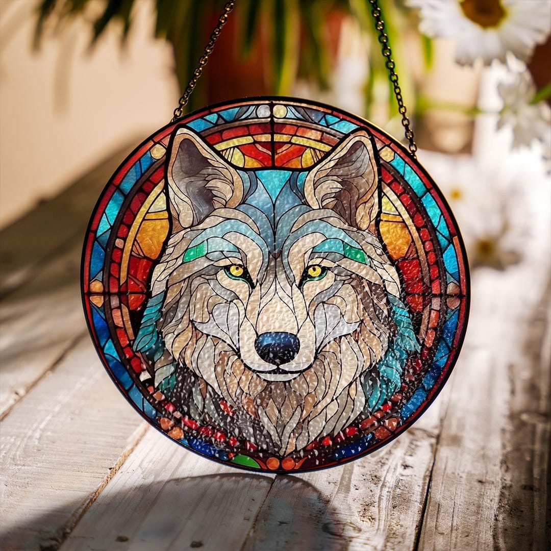 Wolf Stained Glass Window Hanging, Colorful Wolf Window Hanging, Wolf ...