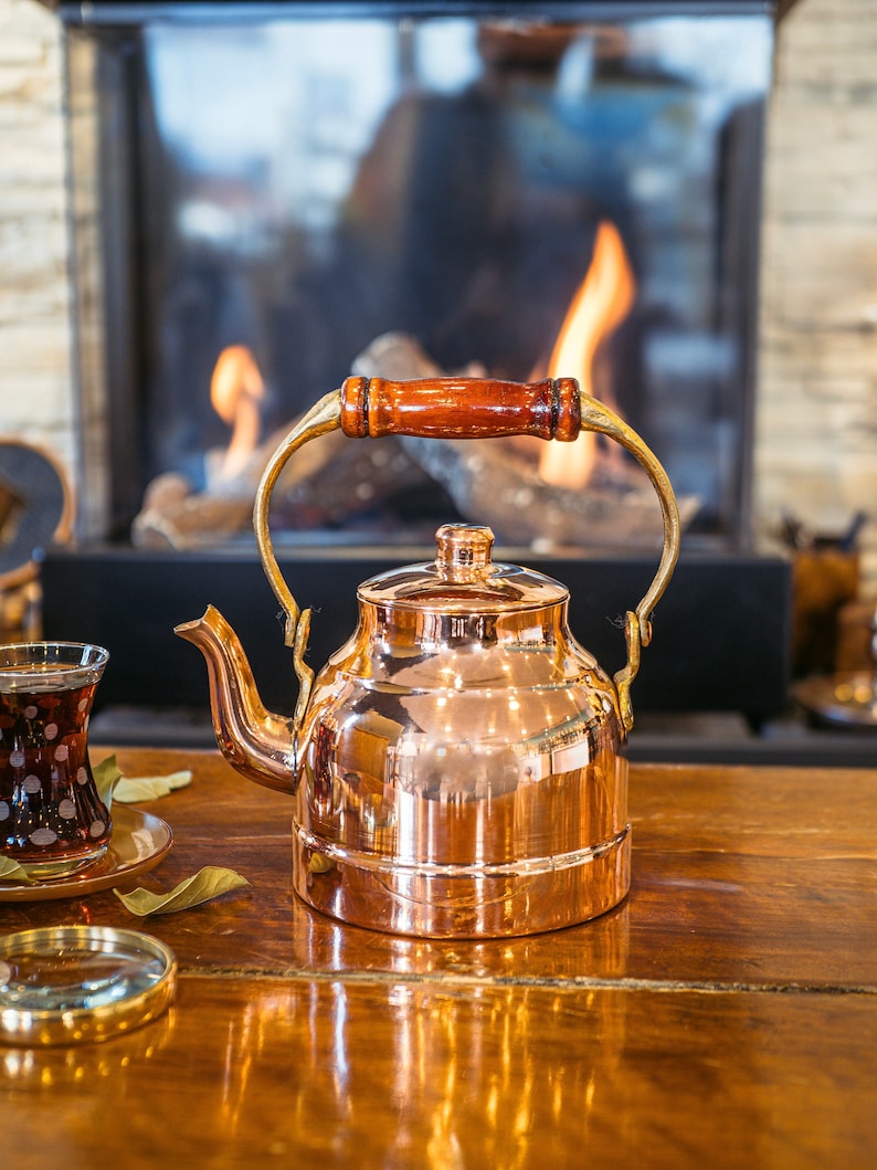 Handmade Copper Tea Kettle With Wood Handle, Stovetop Tea Kettle ...