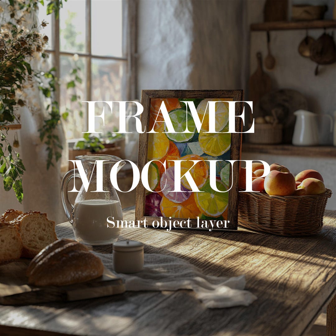 Frame Mockup Kitchen Scene PSD and Photopea Template for Rustic Digital ...