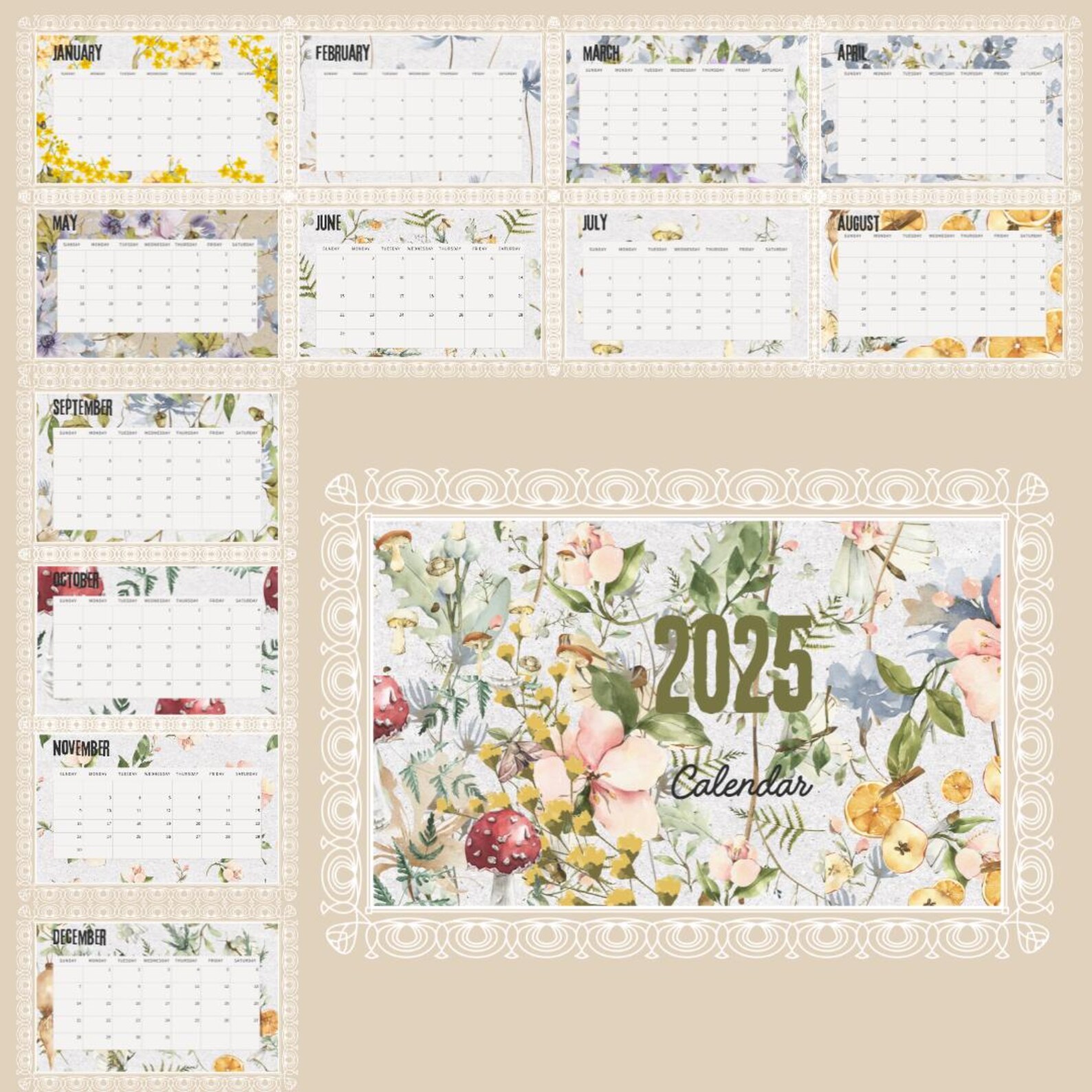 2025 Yearly Calendar Printable Rustic Design With Leaves and Acorns ...