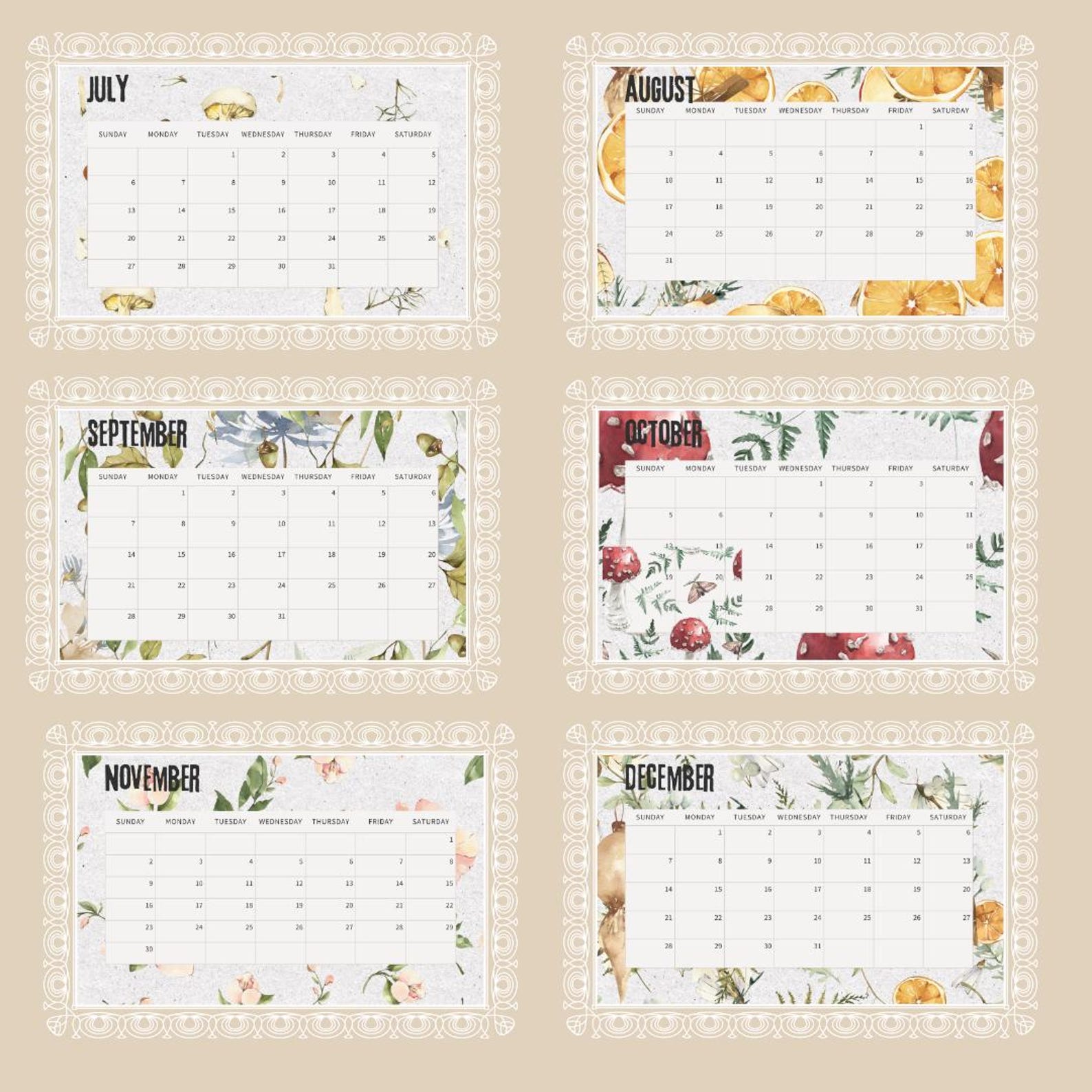 2025 Yearly Calendar Printable Rustic Design With Leaves and Acorns ...