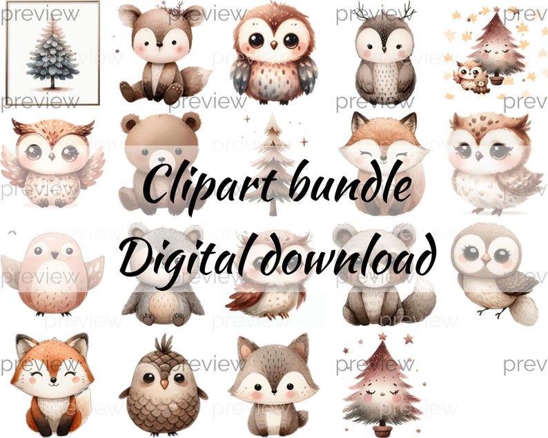 Baby Woodland Animals Clipart Bundle, Cute Nursery Art Bear, Fox ...