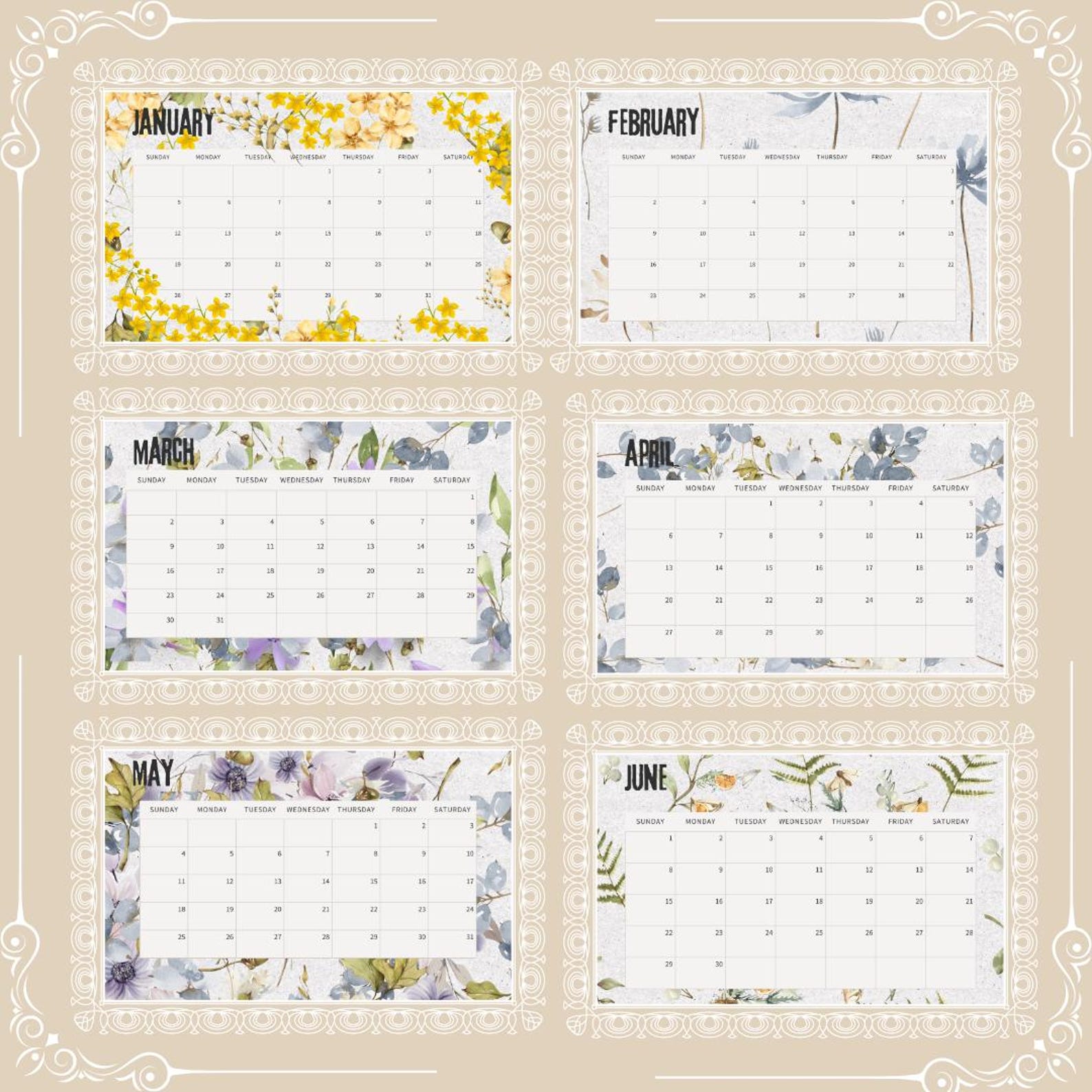 2025 Yearly Calendar Printable Rustic Design With Leaves and Acorns ...
