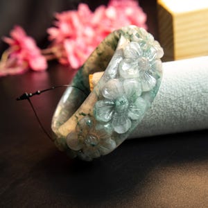 Hand-carved Jadeite Bangle: Burmese Moss-in-snow Floral Cuff (61.5mm ...