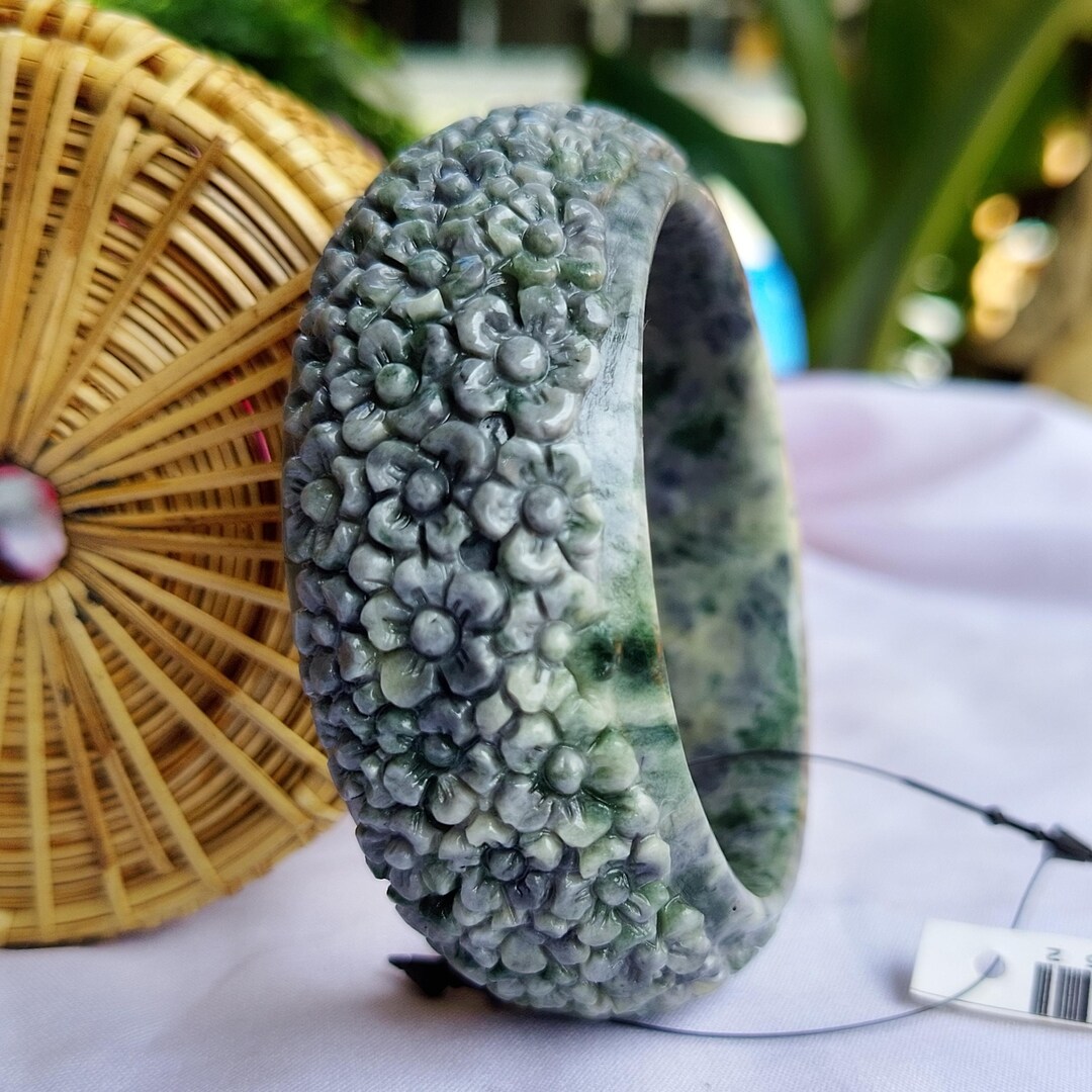 Hand-carved Jadeite Bangle: Burmese Moss-in-snow Pikul Flower Amulet - Etsy