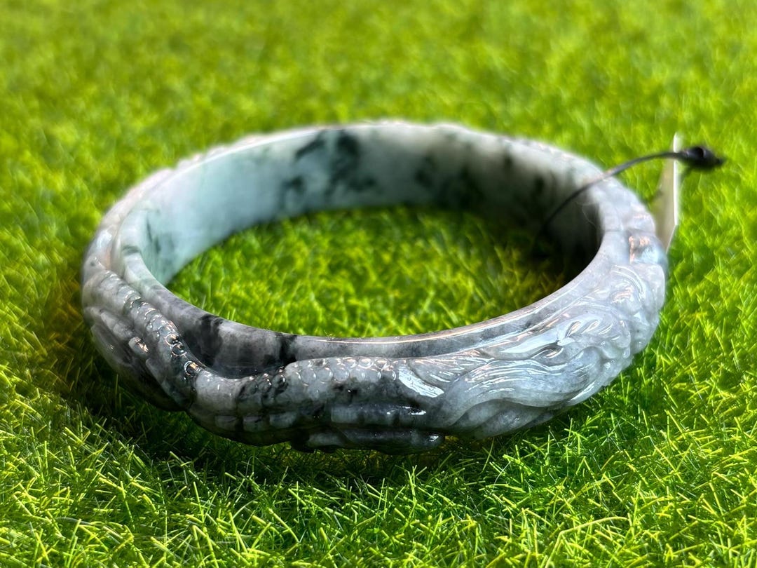 58mm Hand Carved Green Double Dragon Jade Bangle White Green Jade ...