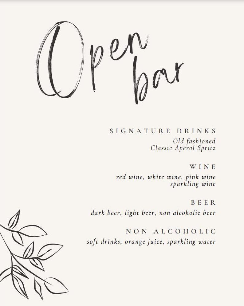 Signature Drink Sign, Bar Menu, Open Bar Template. Modern Minimalist ...
