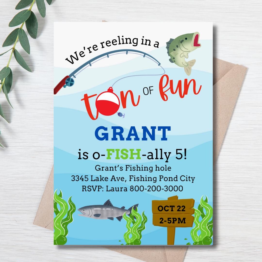 Editable Fishing Birthday Party Invitation | Canva Template | Digital ...