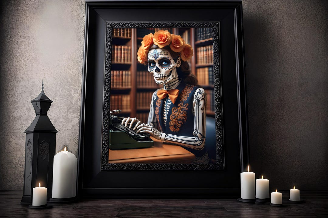Sugar Skull Librarian Art Print: Dia De Los Muertos Decor (digital ...