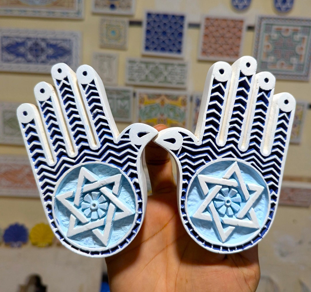 Pair of Hands of Fatima Star of David Symbol Painted Hand Carving ...