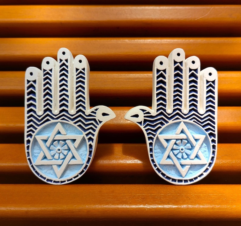 Pair of Hands of Fatima - Star of David Symbol – Painted Hand Carving ...