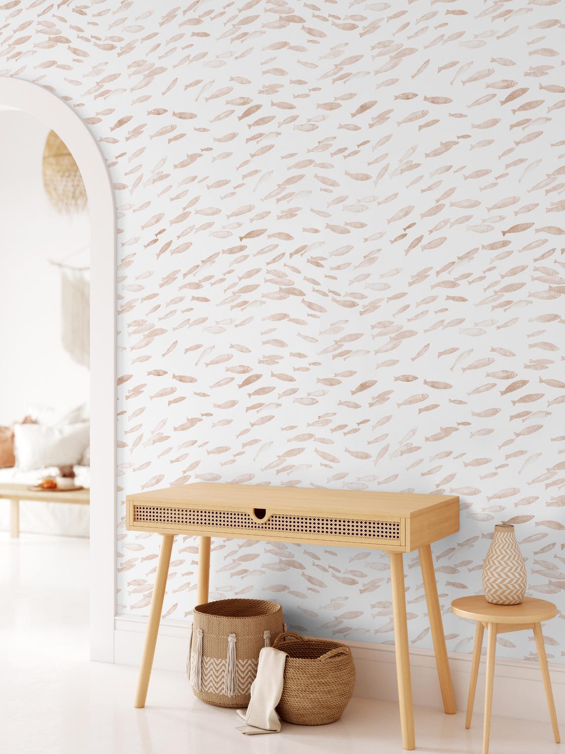 Kids Watercolor Beige Fish Pattern Wallpaper | Sophisticated Fish ...