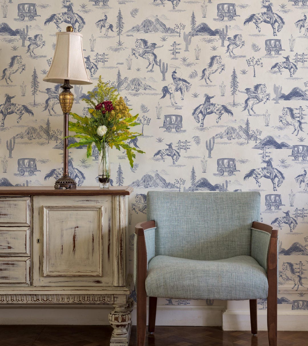 Western Blue Monochrome Wallpaper | Vintage Cowboy Horses Wall Mural - Etsy
