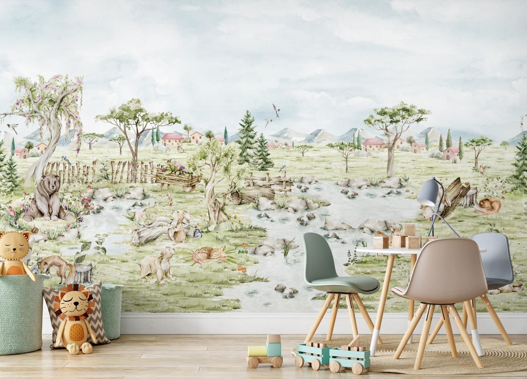Kids Watercolor Landscape With Animals | Kids Nature Scenic Wall Mural ...