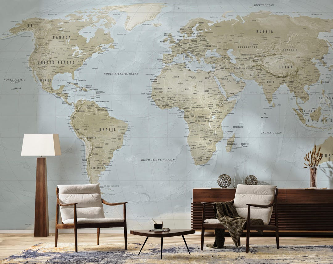 Detailed Neutral Colors World Map Wallpaper | Soft Earth Tone World Map ...