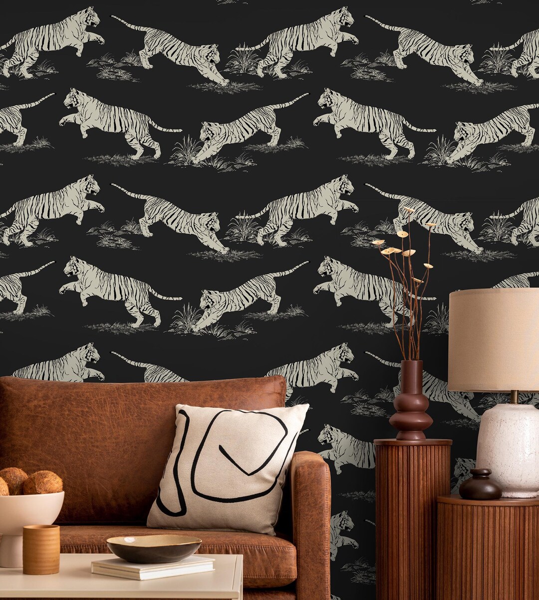 Dark Grey Wild Tiger Pattern Wallpaper | Exotic Jungle Tiger Wall Mural ...